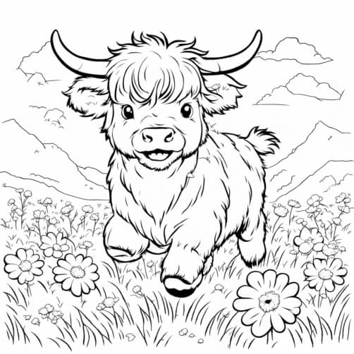 Download Baby Highland Cow in Field with Flowers Coloring pages Online ...