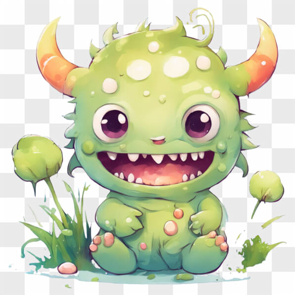 Download Kawaii Green Monster in Grass Kawaii Online - Creative Fabrica