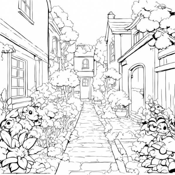 Download Black and White Drawing: Alleyway with Houses and Flowers ...