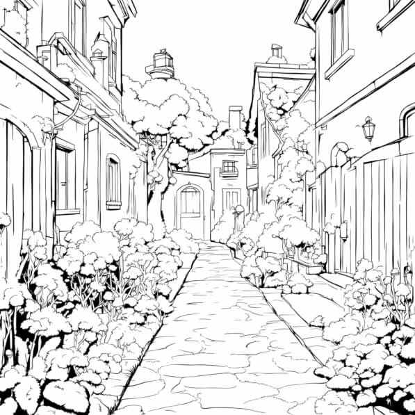 Download Black-and-White Alleyway Drawing Coloring pages Online ...