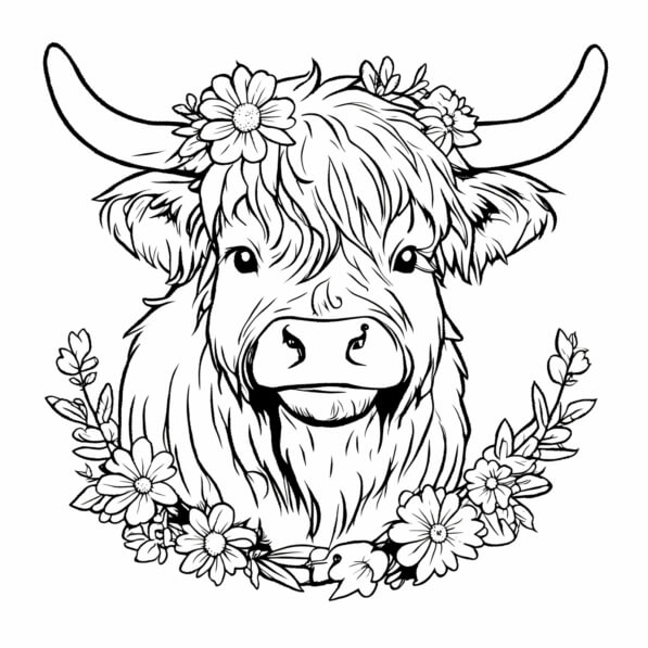 Download Highland Cow with Flowers Coloring pages Online - Creative Fabrica