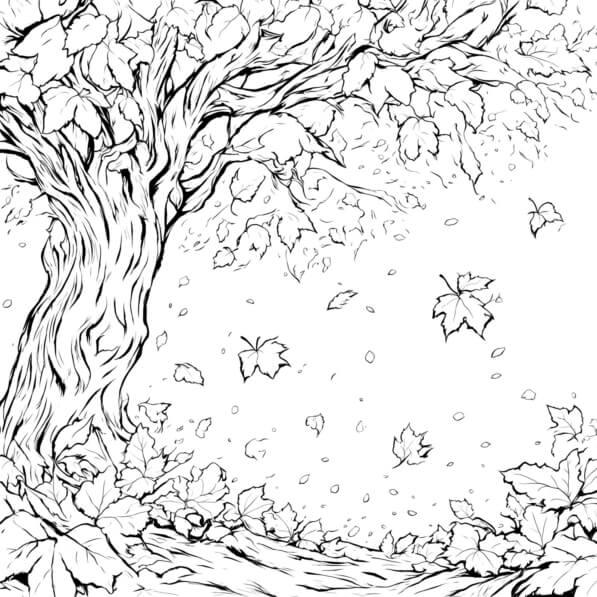 Download Autumn Tree Coloring Page with Falling Leaves Coloring pages ...