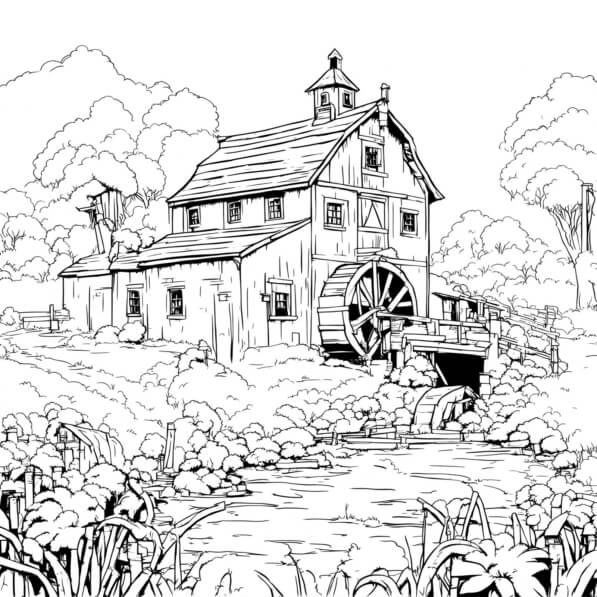 Download Black and White Drawing of an Old Farm House with Water Wheel ...