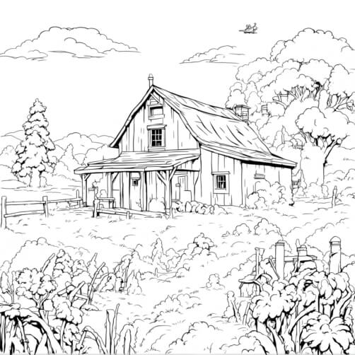 Download Farm House Coloring Page with Barn and Natural Surroundings ...