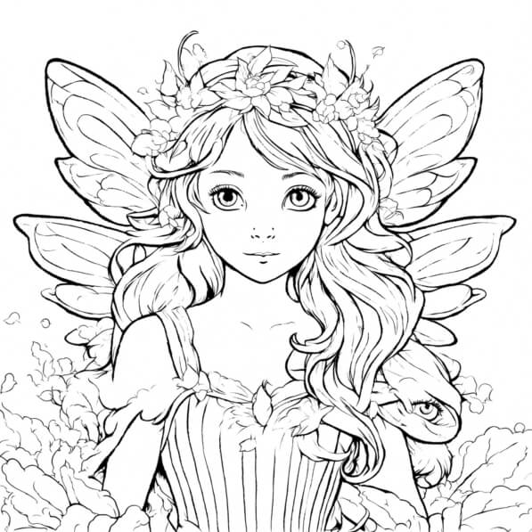 Download Fairy Girl Coloring Page with Flowers Coloring pages Online ...
