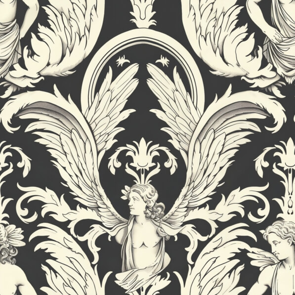 Download Black and White Ornate Wallpaper with Angelic Figures Patterns ...