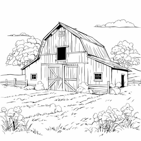 Télécharger Dessin en noir et blanc d'une vieille grange à la campagne ...