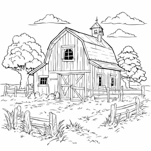 Download Farm House Coloring Page with Barn and Natural Surroundings ...