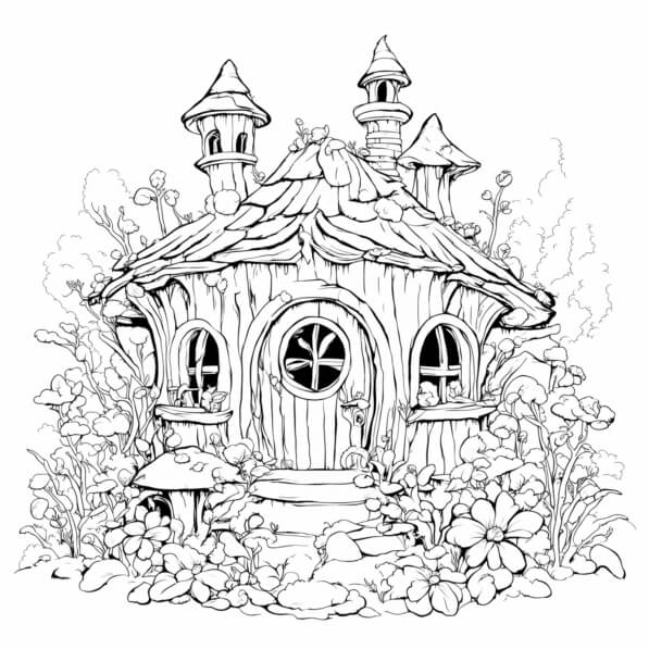 Download Fairy House Coloring Page with Trees and Flowers Coloring ...