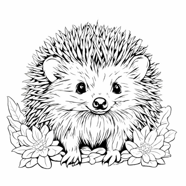 Download Hedgehog in Nature with Flowers and Leaves Coloring pages ...