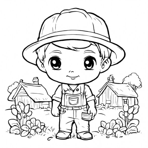Download Boy in Overalls and Hat in Field with Farm Equipment Coloring ...