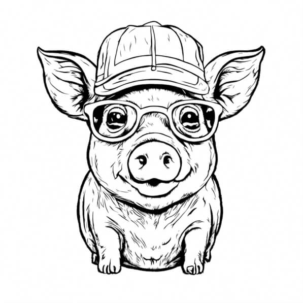 Download Black and White Drawing of Pig with Glasses and Hat Coloring ...