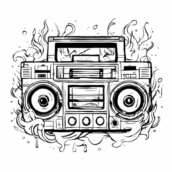 Download Black and White Boombox Drawing with Flames Coloring pages ...