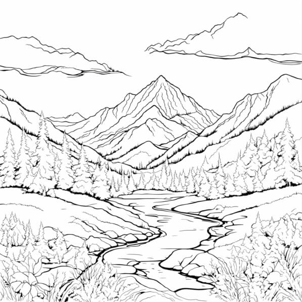 Download Black and White Mountain Valley Drawing Coloring pages Online ...
