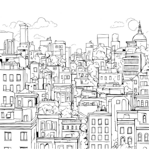 Download Urban Cityscape Drawing Coloring pages Online - Creative Fabrica