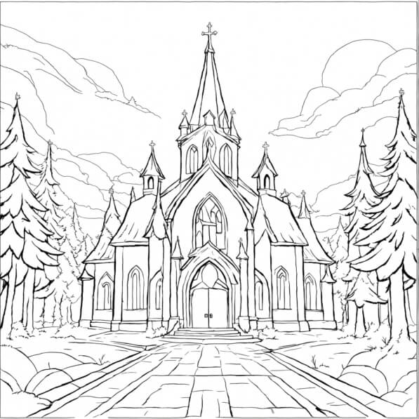 Download Black and White Drawing of a Church in the Forest Coloring ...