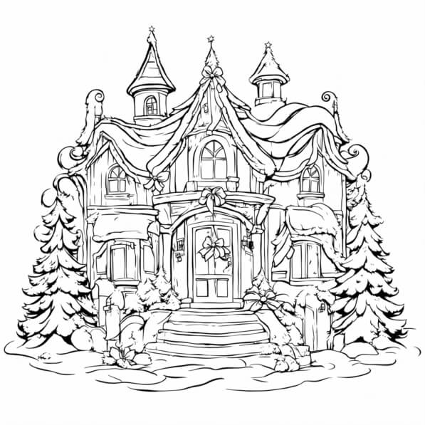 Download Christmas Coloring Page - Decorated House in Snow Coloring ...