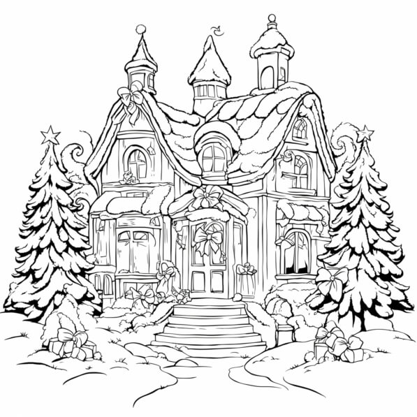 Download Christmas House Coloring Page with Trees and Snow Coloring ...
