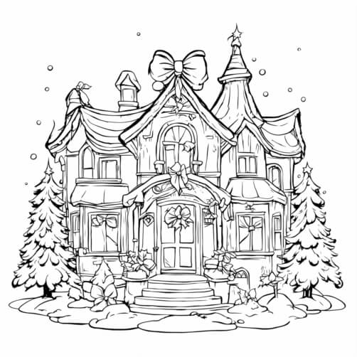 Download Christmas House Coloring Page with Trees and Snow Coloring ...