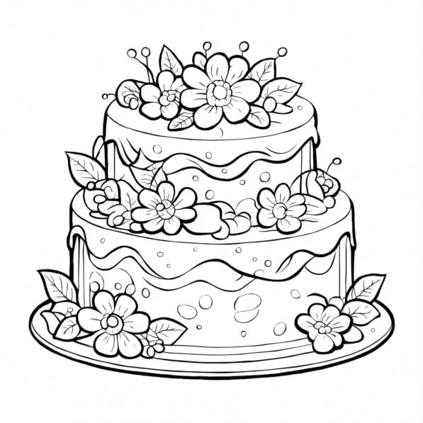Download Coloring Page: Three-Tiered Cake with Flowers Coloring pages ...