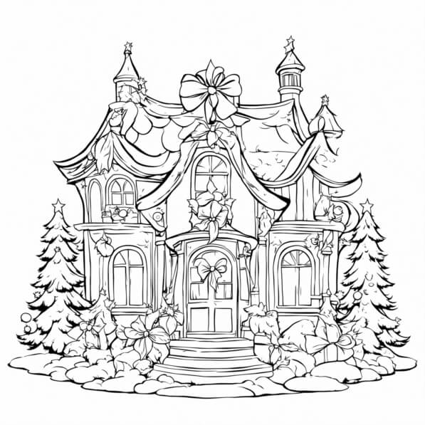 Download Christmas House Coloring Page with Ornaments and Trees ...