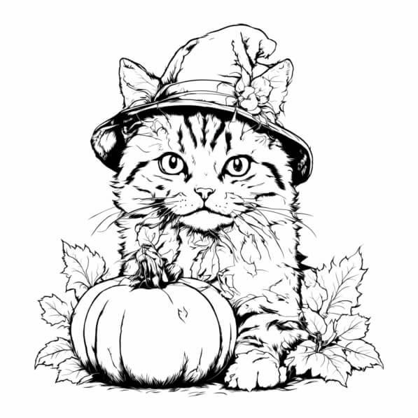 Download Adorable Cat with Witch Hat on Pumpkin Leaves Coloring pages ...