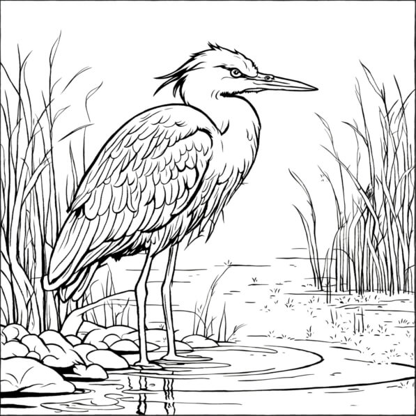 Download Bird in Water Near Reeds Coloring pages Online - Creative Fabrica