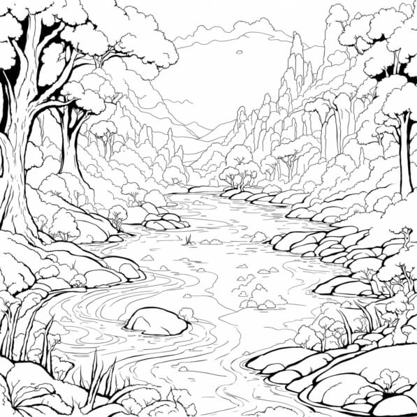Download Black and White River Drawing Coloring pages Online - Creative ...