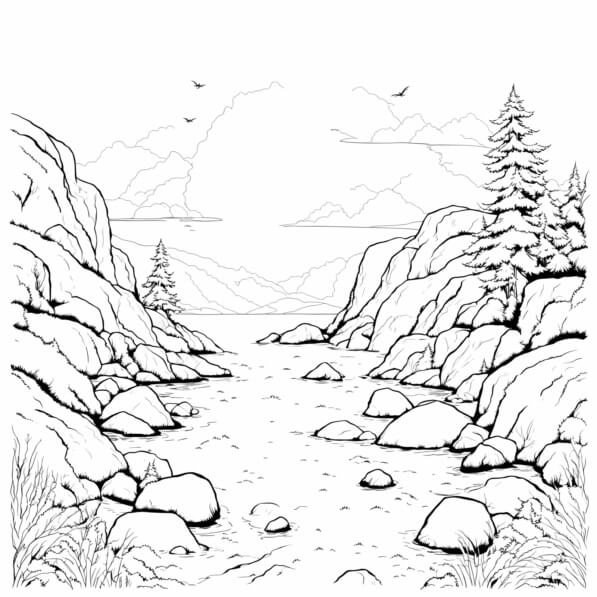 Download Black and White River Drawing with Rocks and Trees Coloring ...