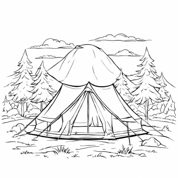 Download Tent in the Forest Coloring pages Online - Creative Fabrica