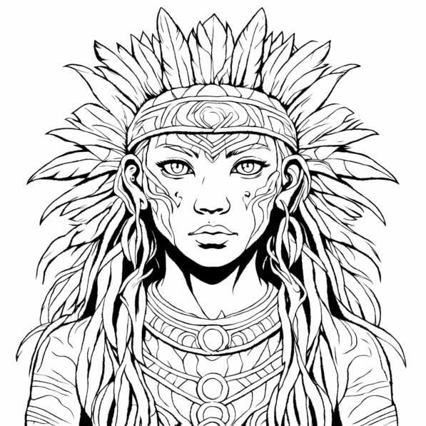 Download Indian Woman with Feathered Headdress Coloring Page Coloring ...