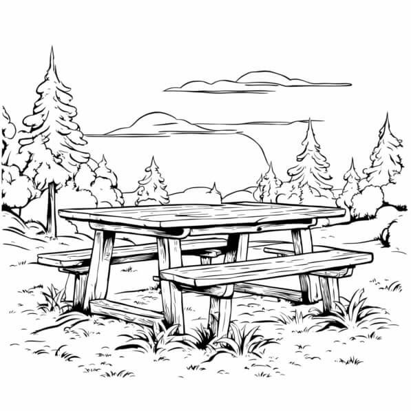 Download Serene Picnic Table in a Forest Coloring pages Online ...