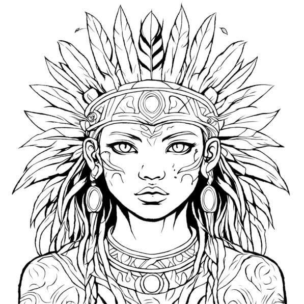Download Indian Woman with Feathered Headdress Coloring Page Coloring ...