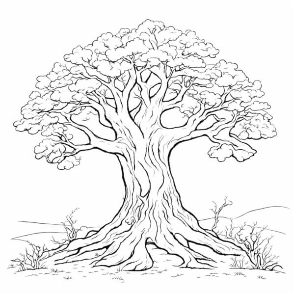 Download Black and White Drawing of an Old Tree with Roots Coloring ...
