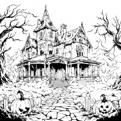 Download Haunted House Coloring Page with Pumpkins Coloring pages ...