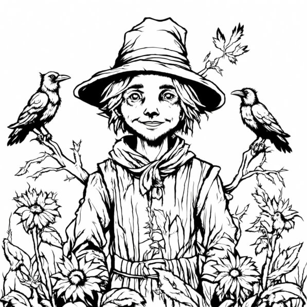 Download Boy with Scarecrows and Flowers Coloring pages Online ...