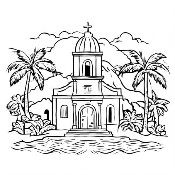 Download Black and White Drawing of a Church on a Tropical Beach ...