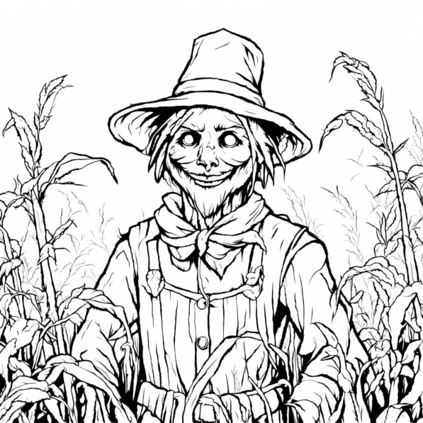 Download Scarecrow in Corn Field Coloring pages Online - Creative Fabrica