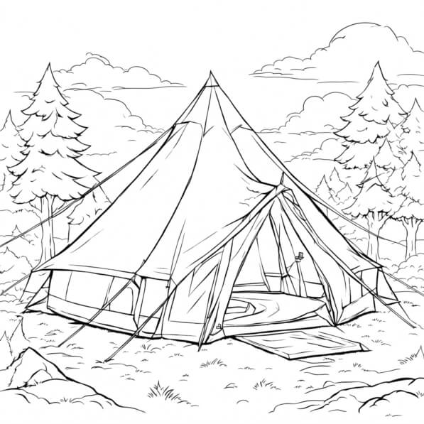 Download Tent in the Forest Coloring pages Online - Creative Fabrica