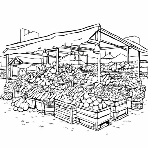 Download Colorful Drawing of an Outdoor Market with Fruits and ...