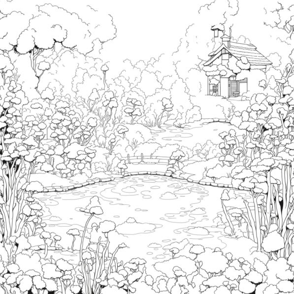 Download Nature Coloring Page with Flowers, Trees, and Pond Coloring ...