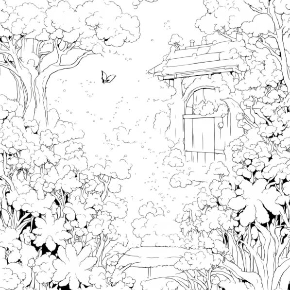 Download Serene Garden with Trees, Flowers, and Doorway Coloring pages ...