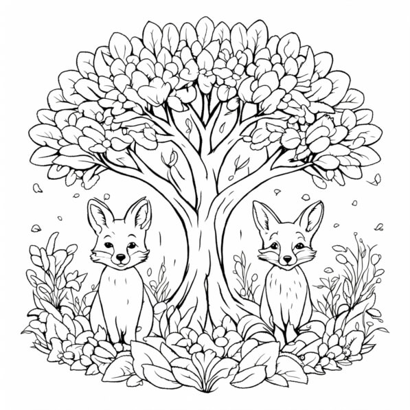 Download Coloring Page: Two Foxes Under a Tree with Flowers and Leaves ...