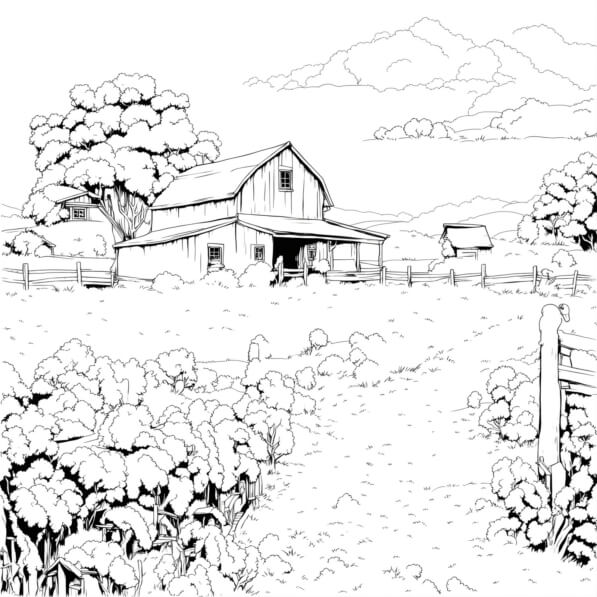Download Serene Farm Scene with Old Barn and Trees Coloring pages ...