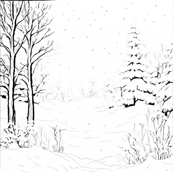 Download Winter Landscape with Falling Snow Coloring pages Online ...