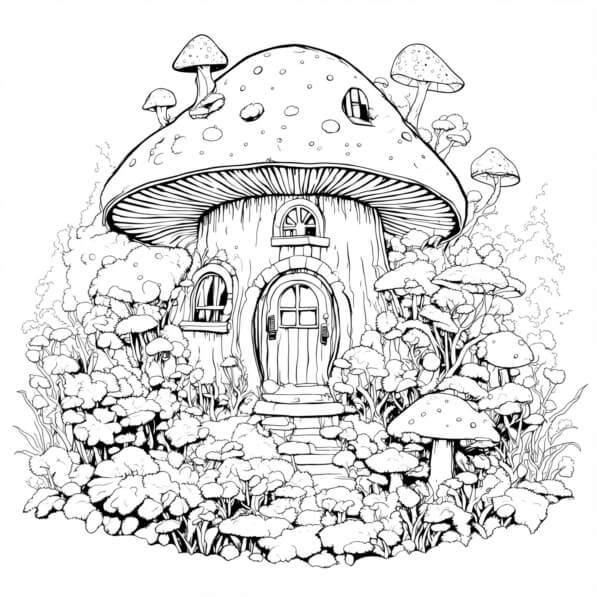 Download Whimsical Mushroom House Coloring Page Coloring pages Online ...