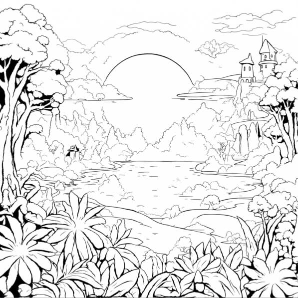 Download Fantasy Landscape with Trees, Flowers, and Castles Coloring ...