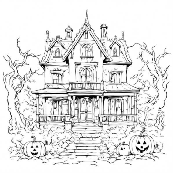 Download Halloween House Coloring Page with Pumpkins Coloring pages ...