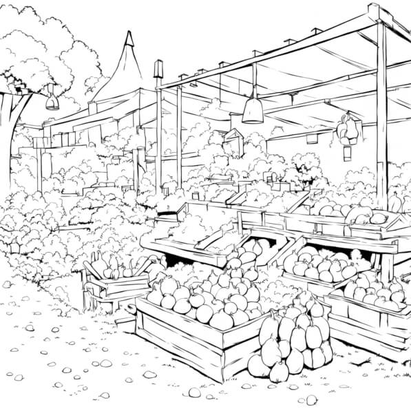 Download Colorful Drawing of an Outdoor Market with Fruits and ...