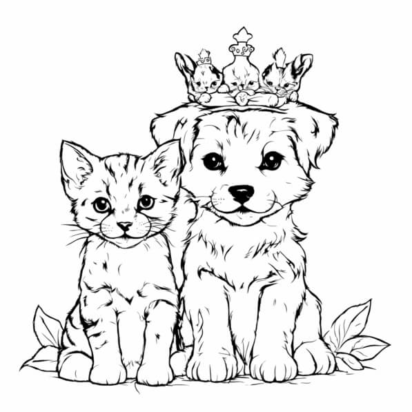Download Dog and Cat with Crowns Coloring pages Online - Creative Fabrica